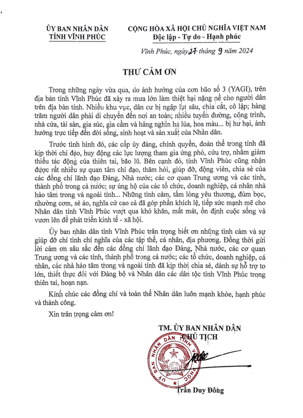 Thư cảm ơn những tấm lòng hảo tâm hướng về người dân Vĩnh Phúc